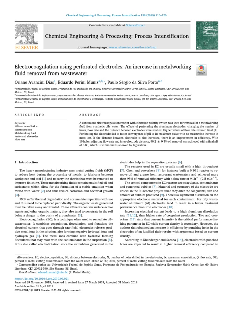 Electrocoagulation Using Perforated Electrodes | PDF | Physical Sciences | Chemistry