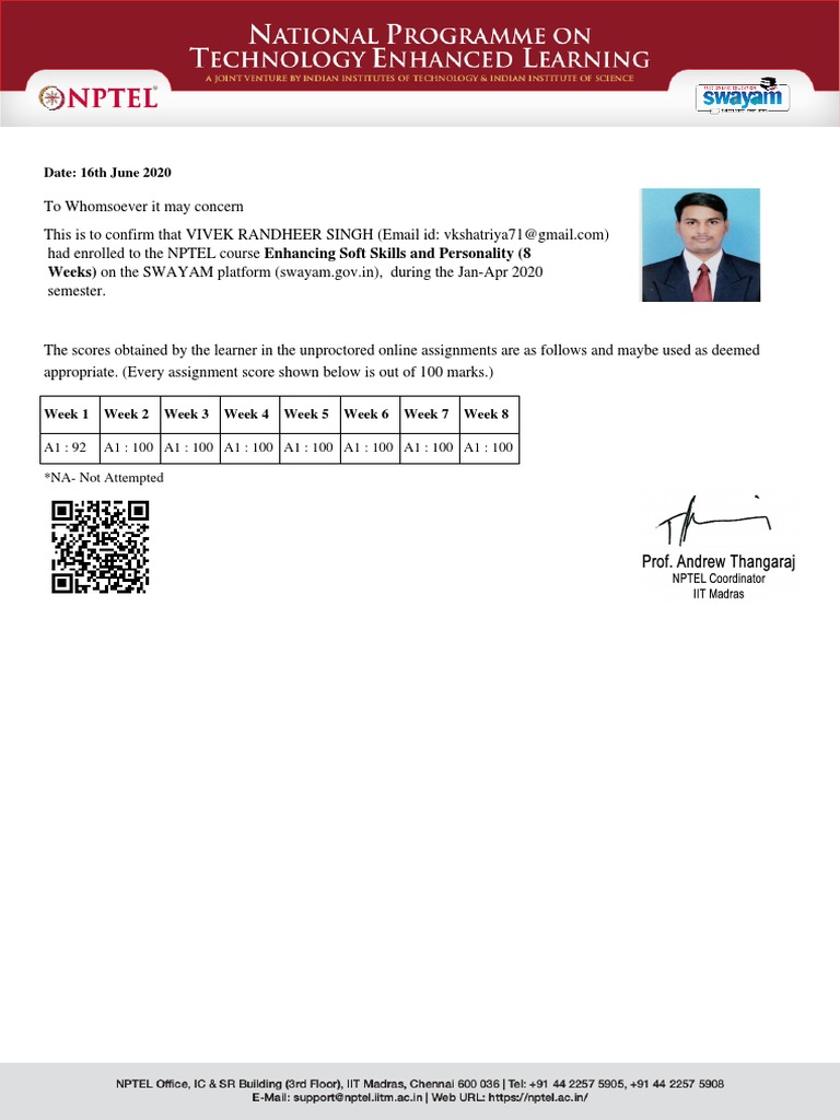 NPTEL Soft Skills Course Completion Certificate | PDF
