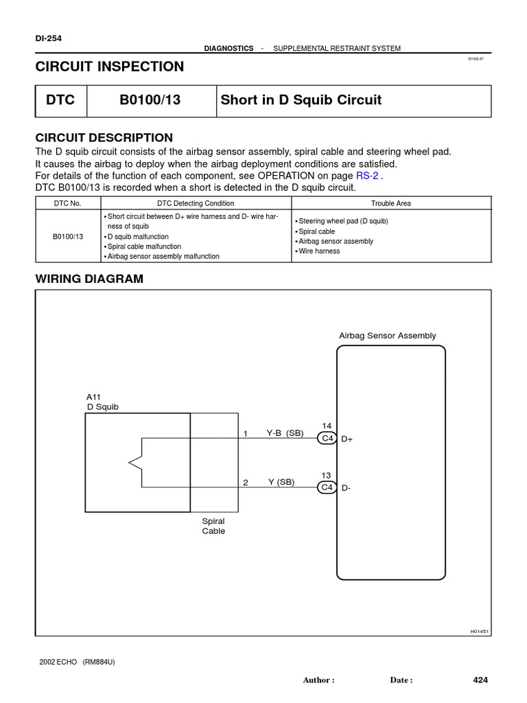 Circuit Inspection DTC B0100/13 Short in D Squib Circuit | PDF | Airbag ...