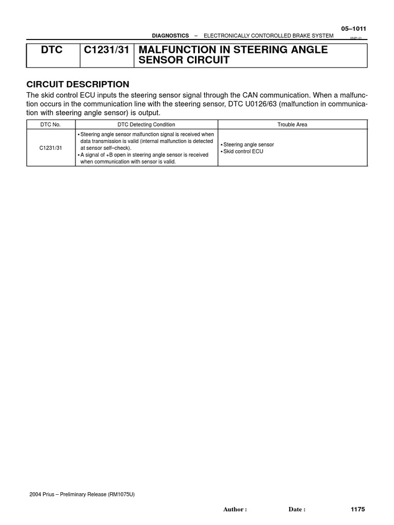 DTC C1231/31 Malfunction in Steering Angle Sensor Circuit | PDF ...