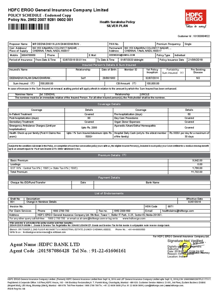 Health insurance policy details | PDF | Insurance | Invoice