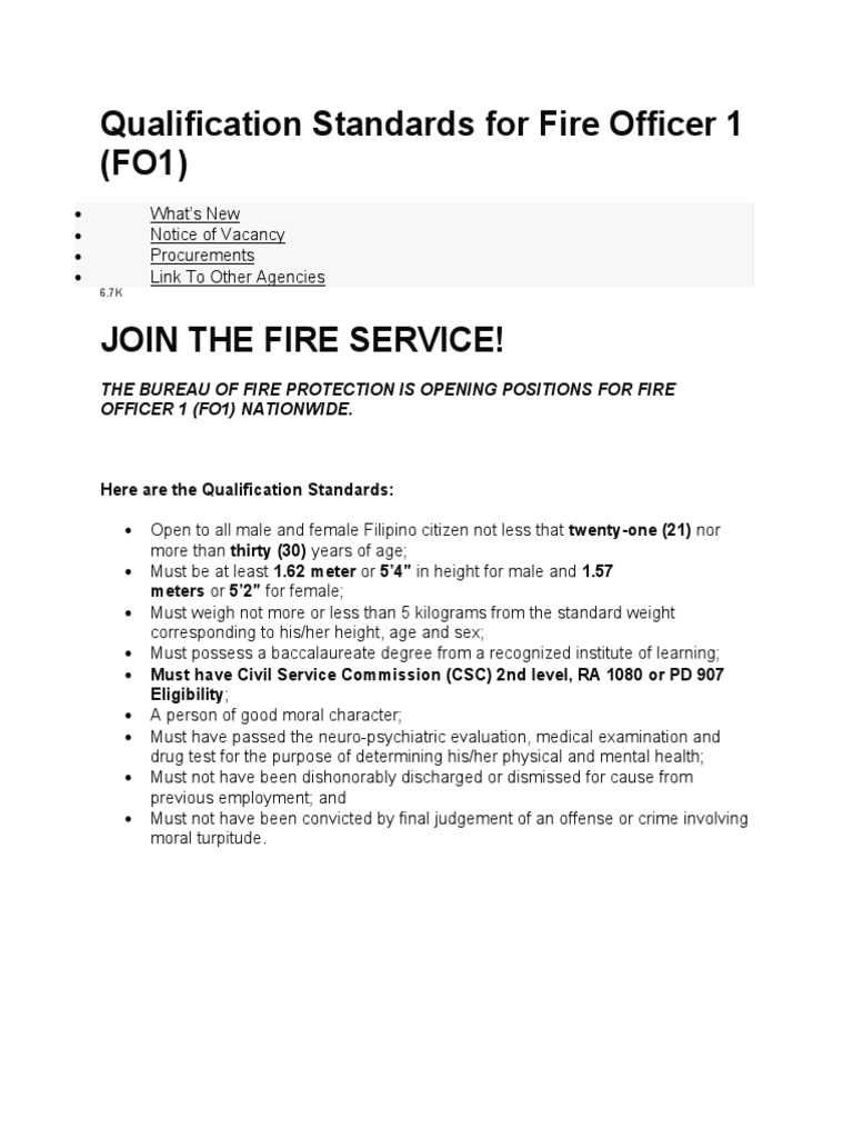 Qualification Standards For Fire Officer 1 | PDF