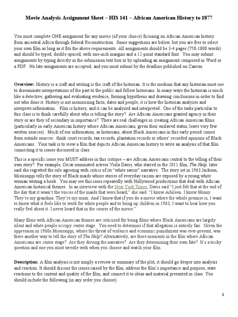 Movie Analysis Assignment Sheet - HIS 141 - African American History To ...