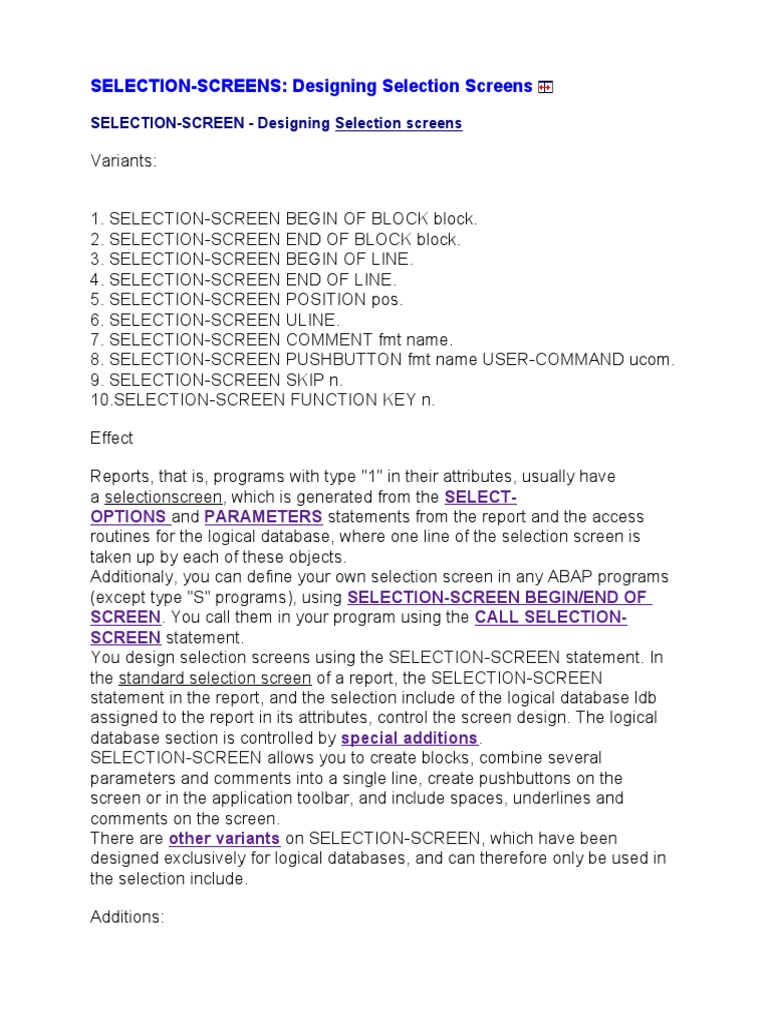 SELECTION-SCREENS: Designing Selection Screens | Download Free PDF ...