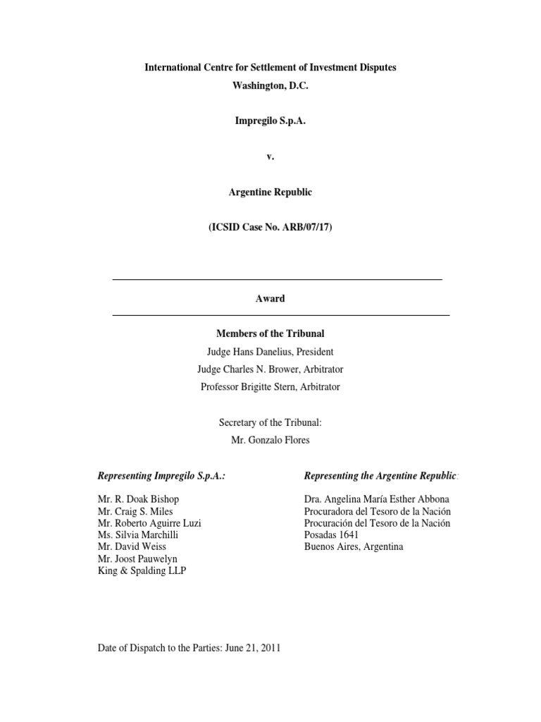 Impregilo v. Argentina | PDF | Arbitration | Nationalization