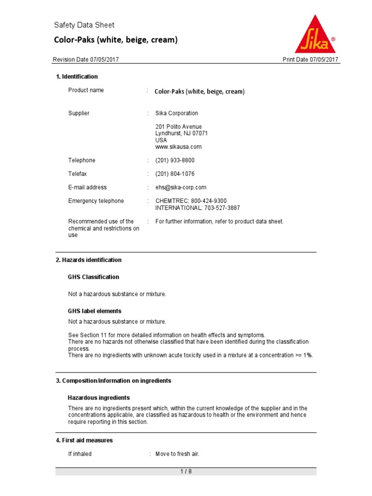 Color Paks (White, Beige, Cream) : Safety Data Sheet | PDF | Personal ...