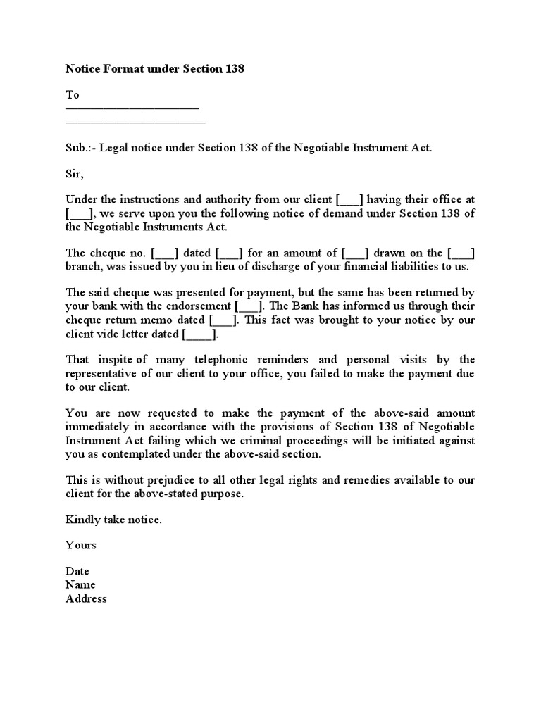 Notice Format of 138 N I Act | PDF | Cheque | Payments