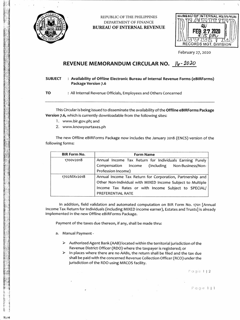 RMC 2020 No. 16 Availability of Oflline eBIR Forms Version 7.6 | PDF ...