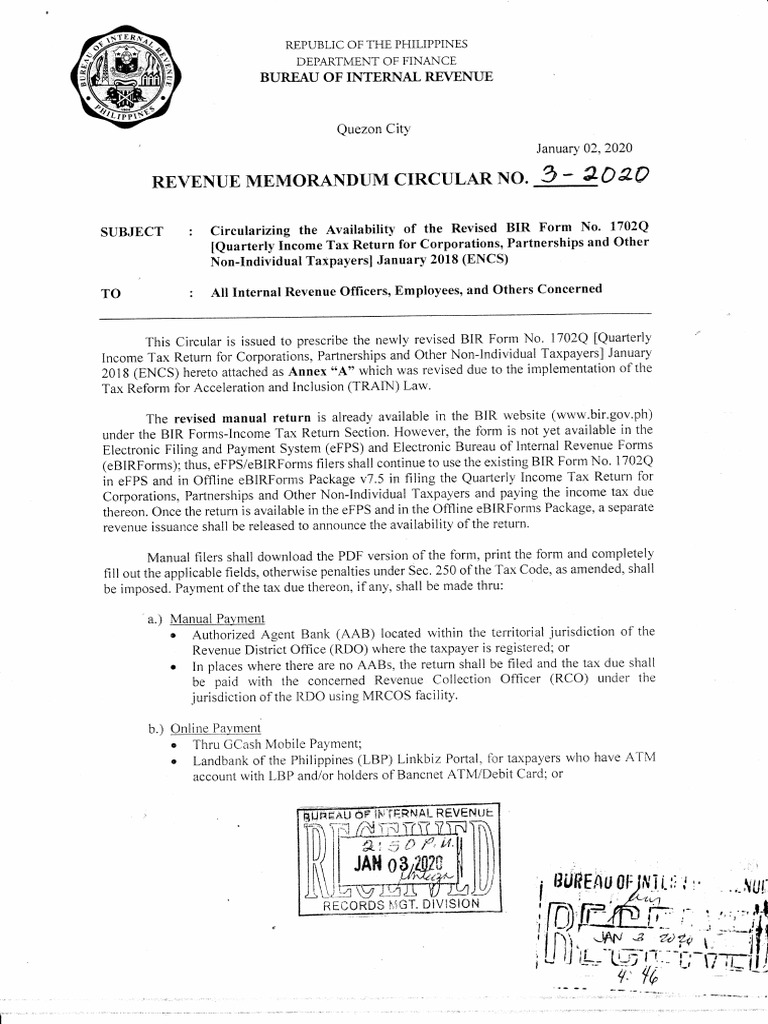 Revised BIR Form No. 1702Q Availability | PDF | Tax Return (United ...