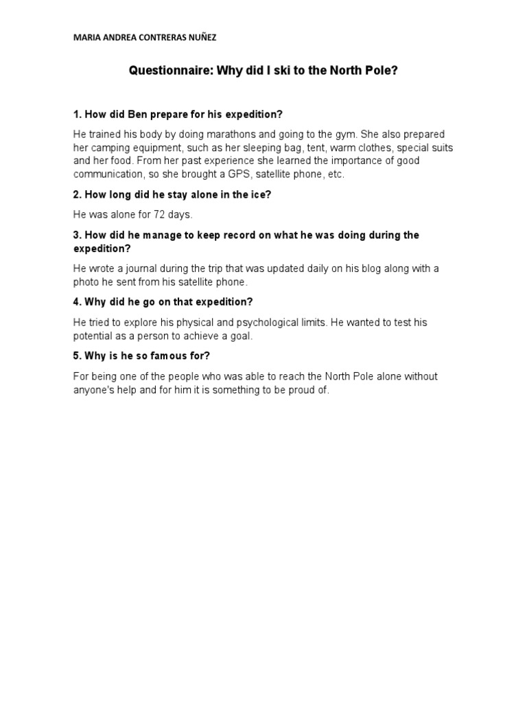 Questionnaire: Why Did I Ski To The North Pole?: 1. How Did Ben Prepare ...