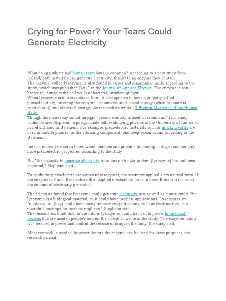 Crying For Power? Your Tears Could Generate Electricity | PDF