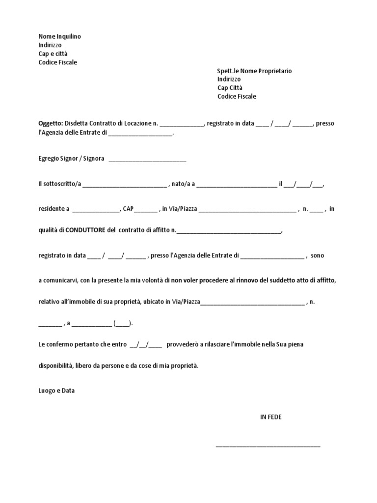 Modulo Disdetta Contratto Locazione A Scadenza Inquilino | PDF