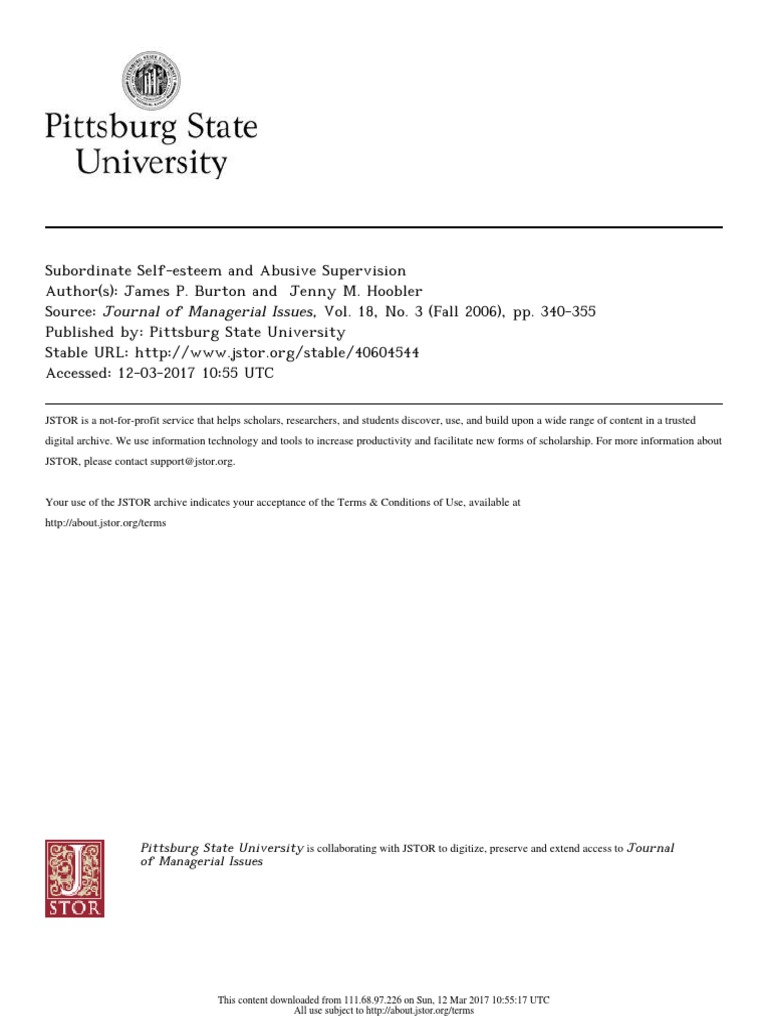 Subordinate Self-Esteem and Abusive Supervision: Exploring the ...