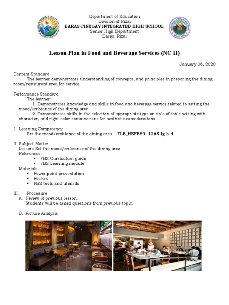 Lesson Plan in Food and Beverage Services - Seeting The Mood | PDF ...