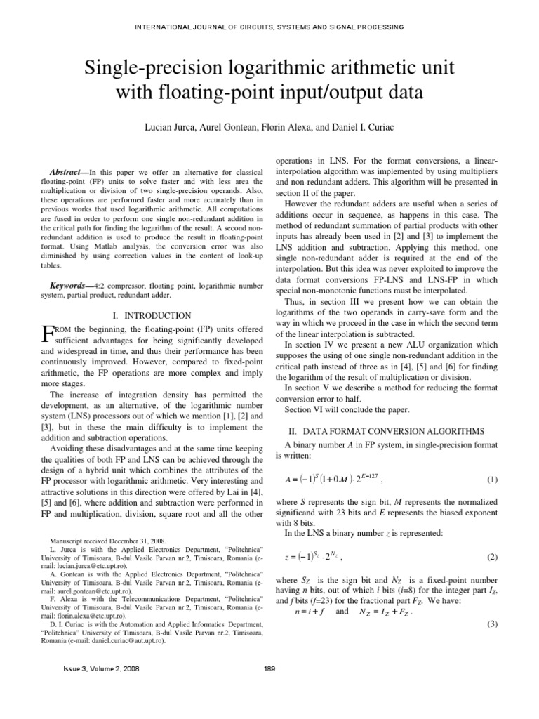 Single-Precision Logarithmic Arithmetic Unit With Floating-Point Input/output Data | PDF ...