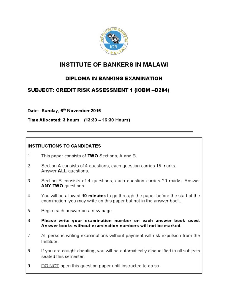 Credit Risk Assessment Exam Paper | PDF | Financial Analyst | Banks