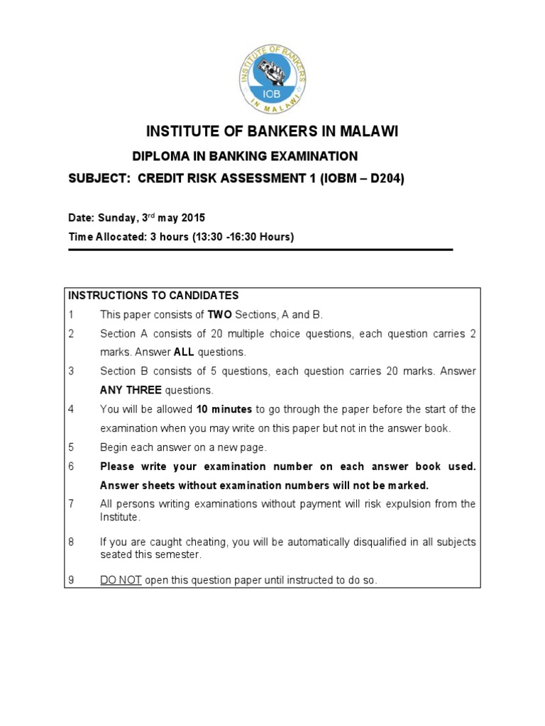 Credit Risk Assessment Exam Paper | PDF | Credit | Finance & Money ...