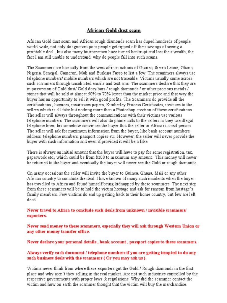 African Gold Dust Scam Awareness | PDF | Gold | Mining
