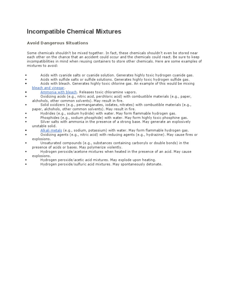 Incompatible Chemical Mixtures: Avoid Dangerous Situations | PDF ...