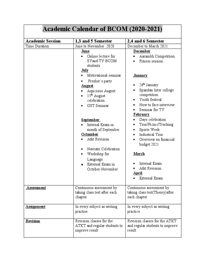 Academic Calendar of BCOM (2020-2021) : Academic Session 1,3 and 5 ...