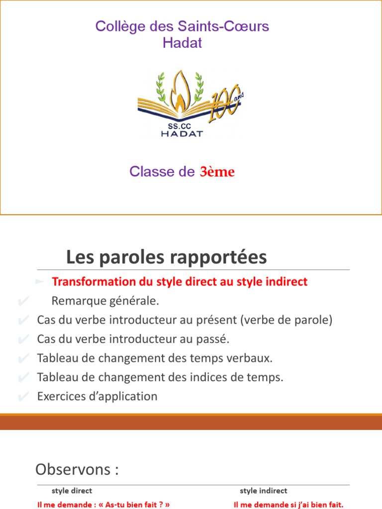 Du Style Direct au Style Indirect | PDF | Verbe | Question