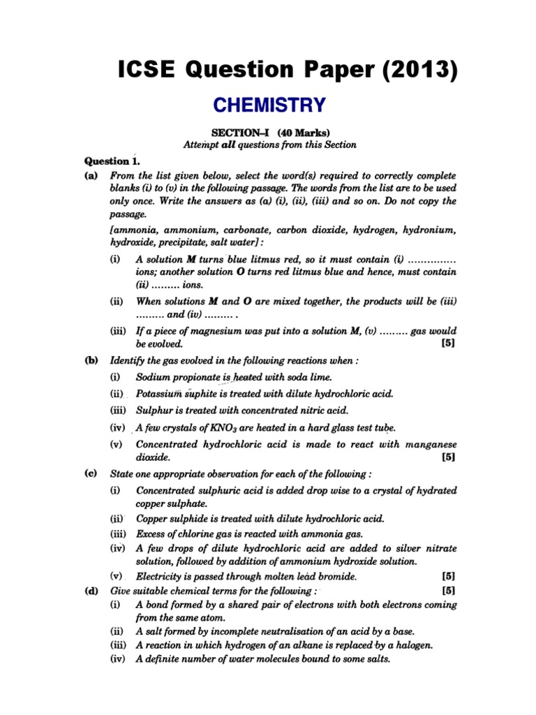 ICSE Question Paper (2013) : Chemistry | PDF | Oxide | Redox