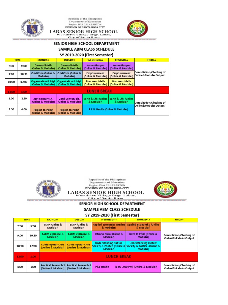 Senior High School Department Sample Abm Class Schedule SY 2019-2020 ...