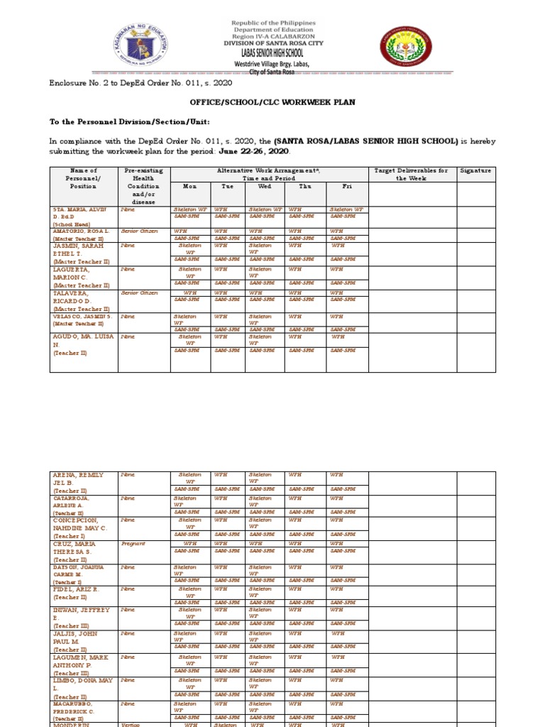 DepEd Workweek Plan June 2020 | PDF