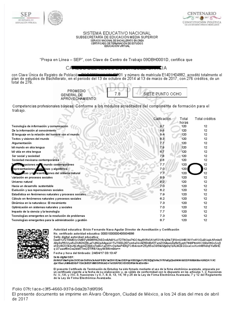 (PDF) Certificado Prepa Linea | PDF | Plan de estudios | Educación avanzada