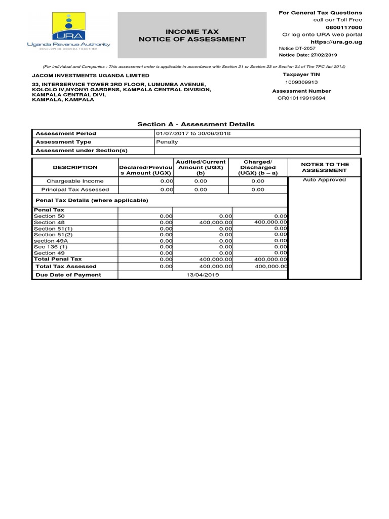 Income Tax Notice of Assessment: Section A - Assessment Details | PDF ...