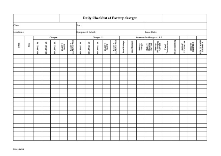 Daily Checklist of Battery Charger: Client: Site: Location: Equipment ...