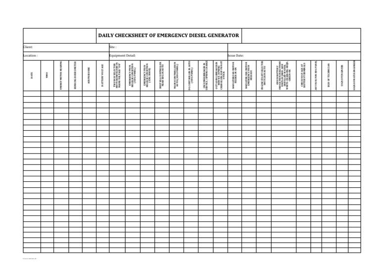 Daily Checksheet of Emergency Diesel Generator: Client: Site: Location ...