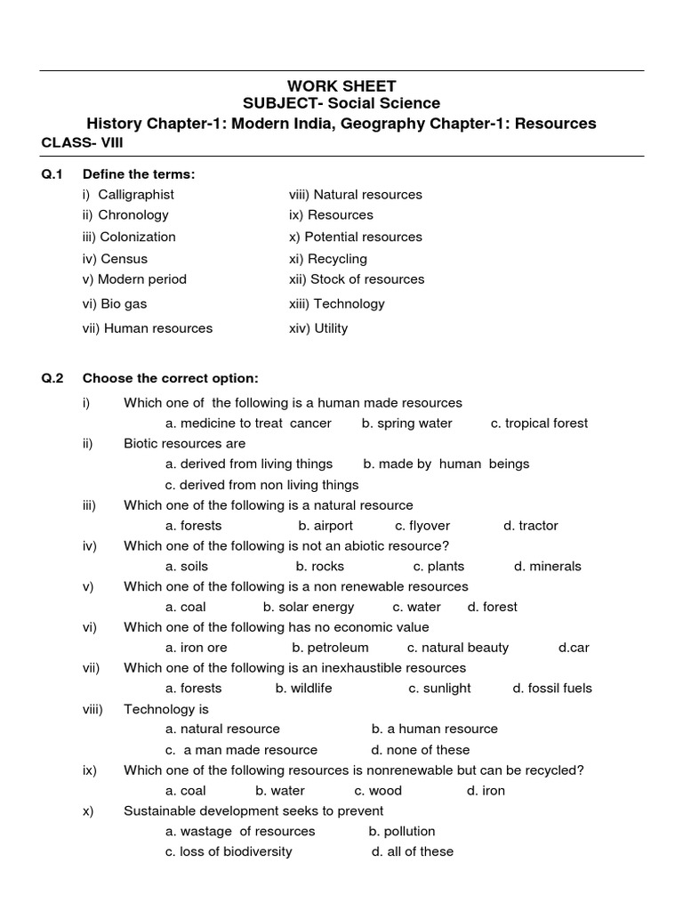 Class 8 Social Science Worksheet: Modern India | PDF | Resource | Nature