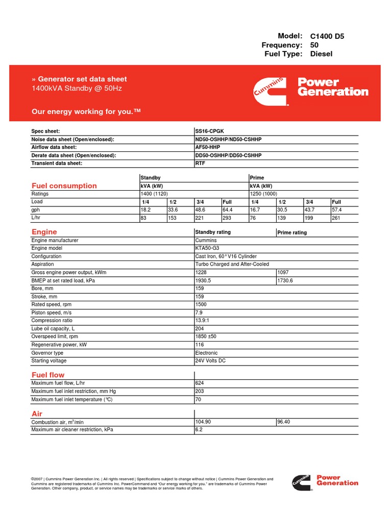 Fuel Consumption Sheet of 1250kVA Prime Cummins DG Set | PDF | Engine ...