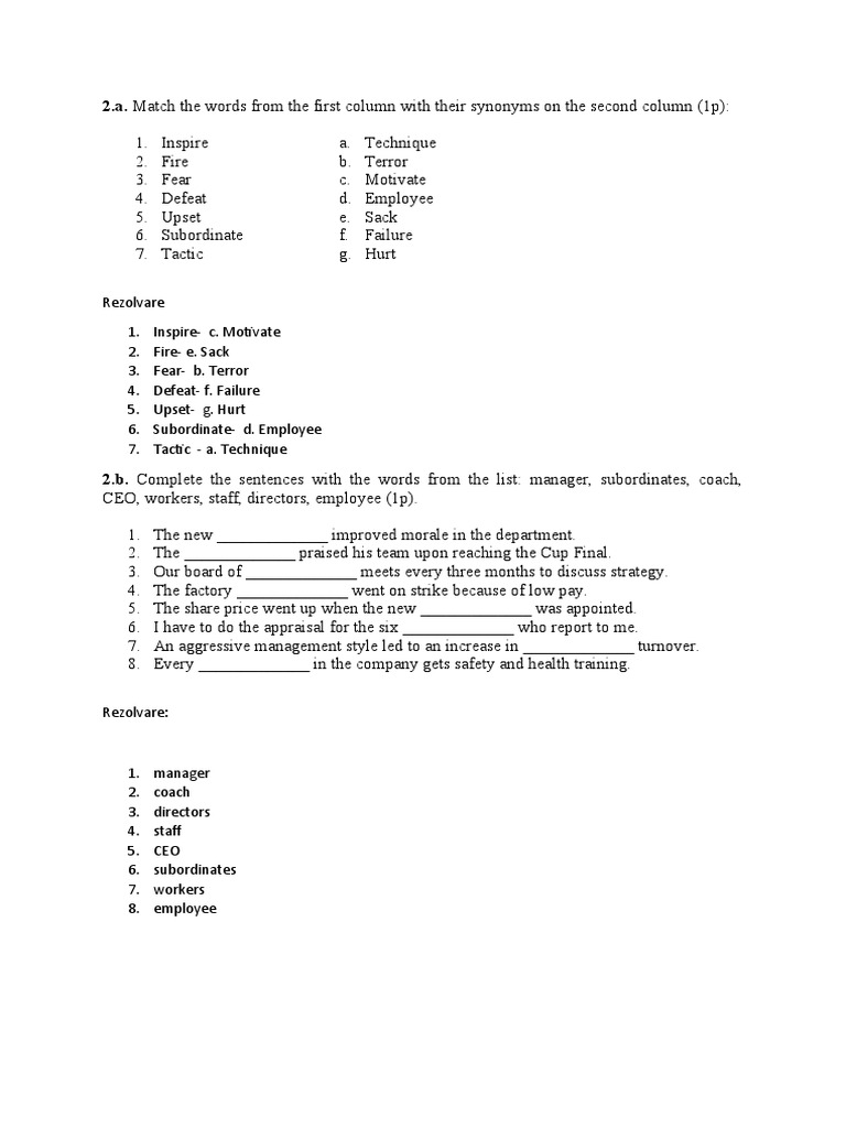 2.a. Match The Words From The First Column With Their Synonyms On The ...
