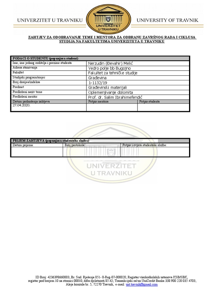 Zahtjev Za Odobravanje Teme I Mentora-I Ciklus | PDF