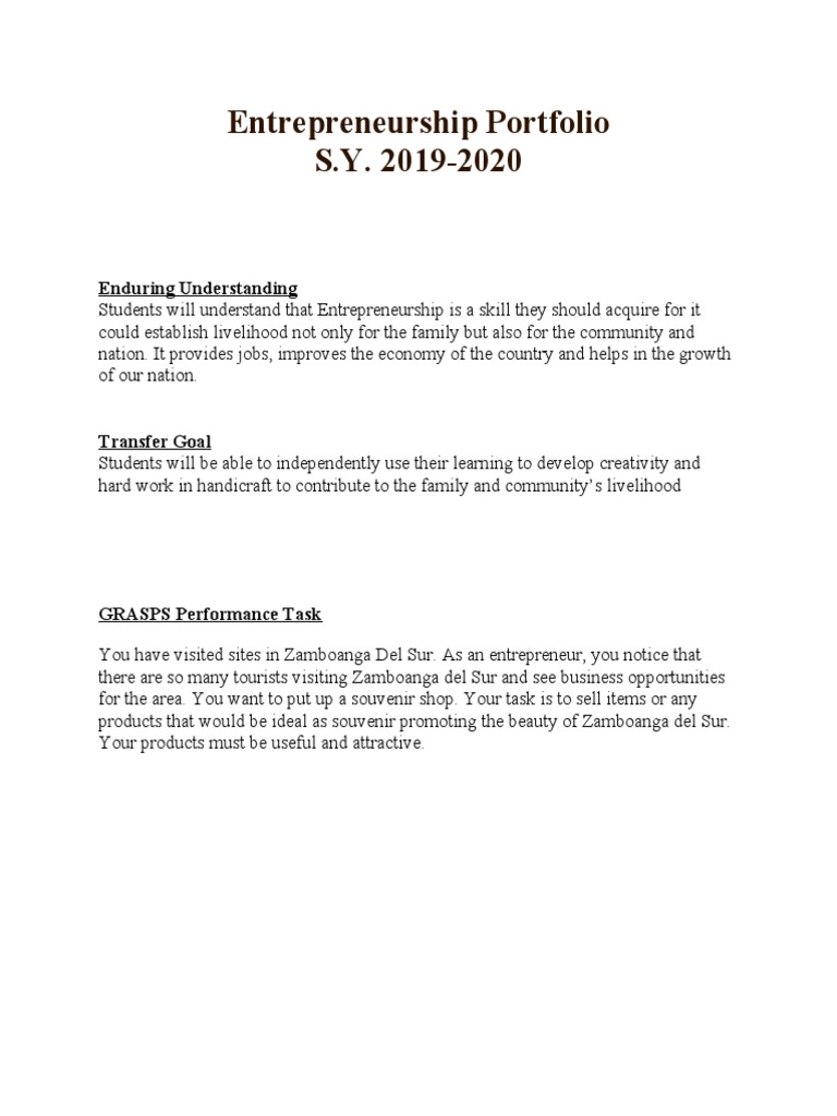 Entrepreneurship Portfolio S.Y. 2019-2020: Enduring Understanding | PDF