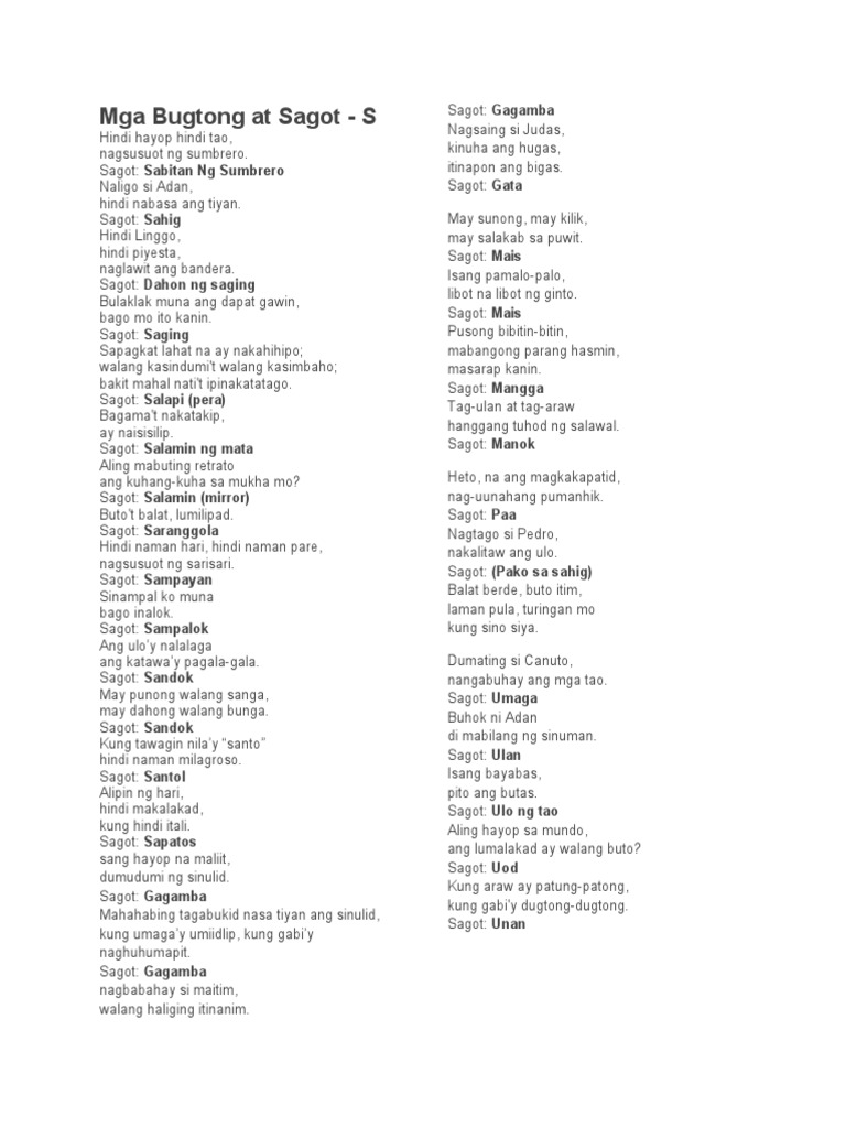 Mga Bugtong at Sagot | PDF