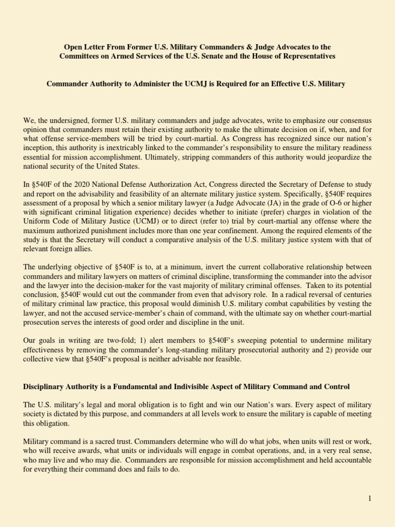 Open Letter From Former Military Commanders & Judge Advocates On ...