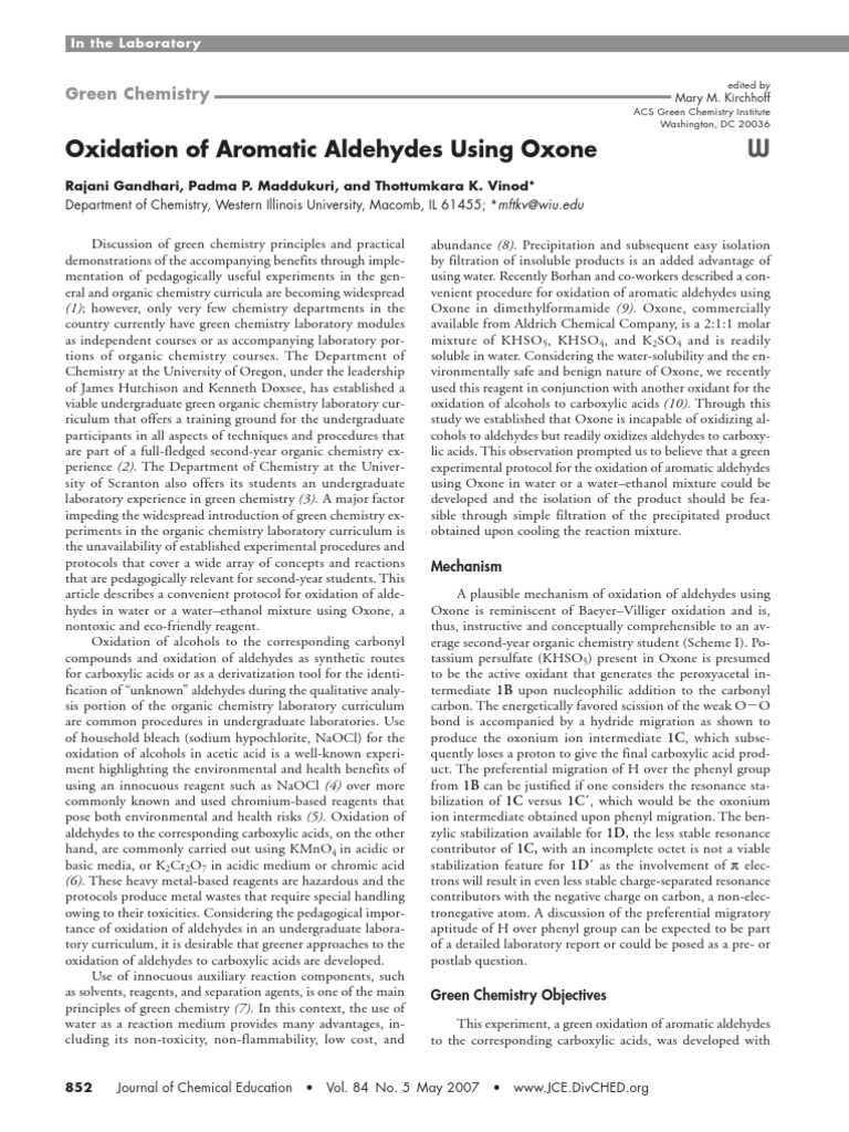 Oxidation of Aromatic Aldehydes Using Oxone: Green Chemistry | PDF ...