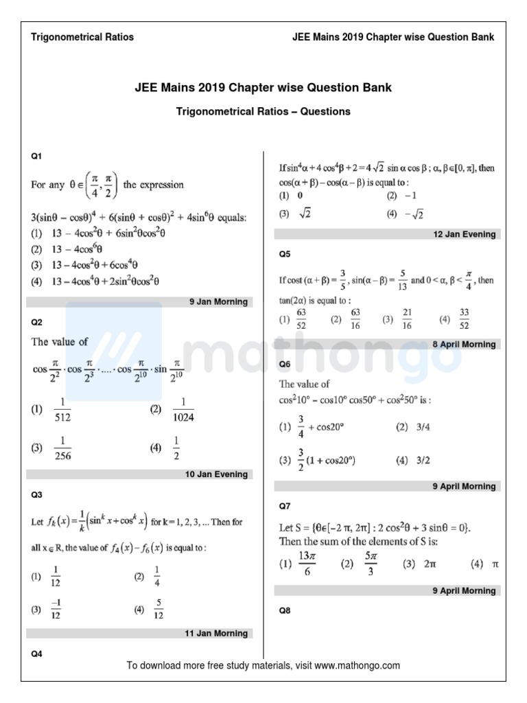 JEE Mains Trigonometry Question Bank | PDF | National Football League ...