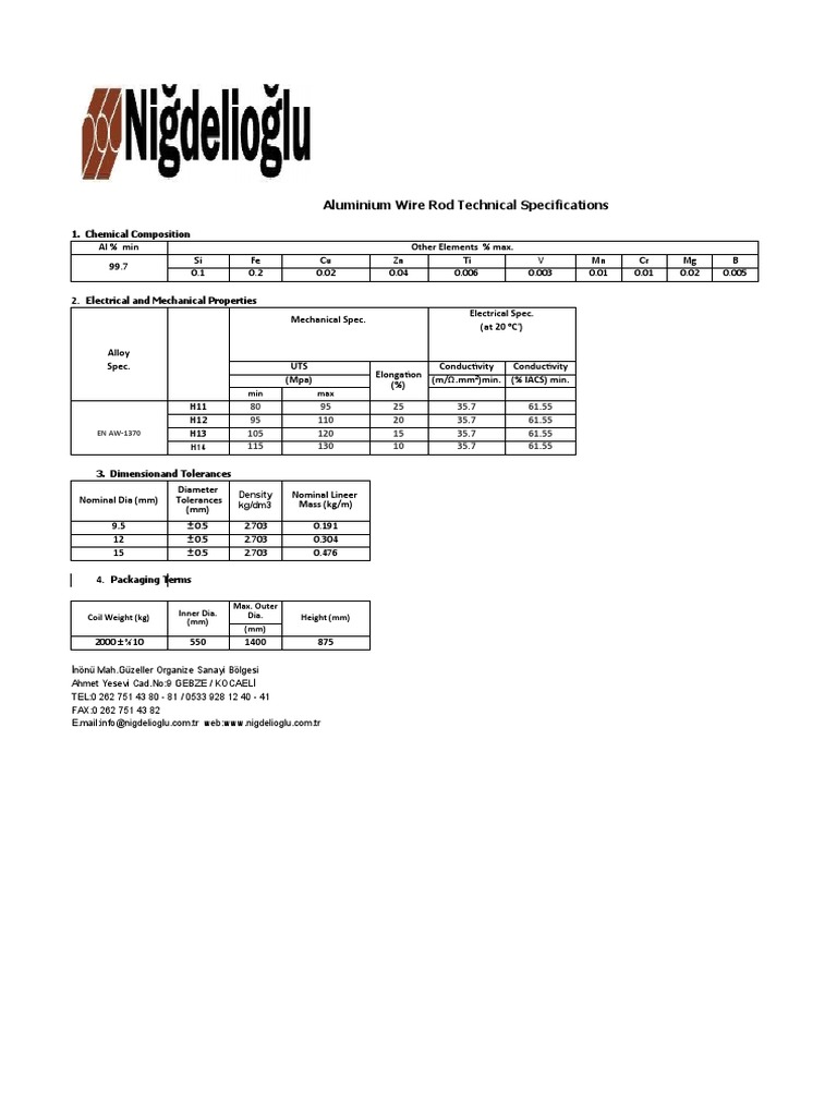 Aluminium Wire Rod Technical Specifications | PDF | Sets Of Chemical ...