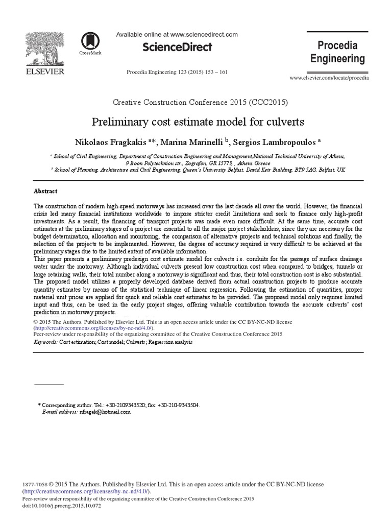 Preliminary Cost Estimate Model For Culverts: Sciencedirect | PDF | Errors And Residuals ...