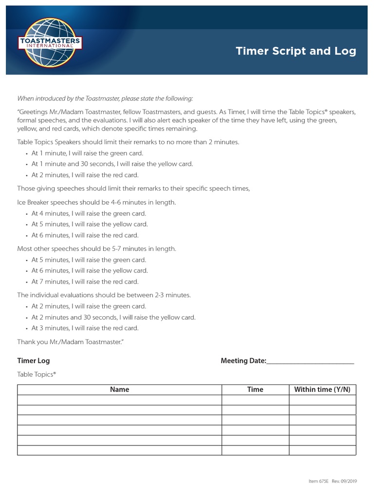 Toastmasters 675E Timer Script and Log A4 | PDF