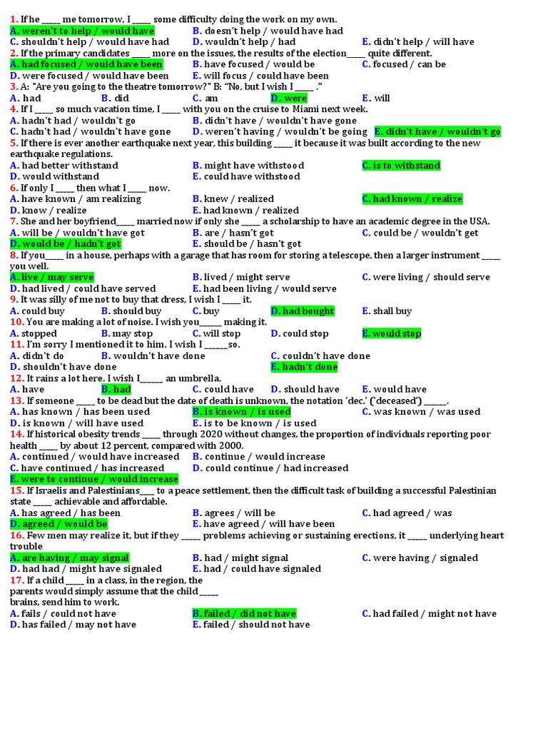 351 - Conditionals If Clauses and Wish Clauses Advanced Level Test Quiz ...