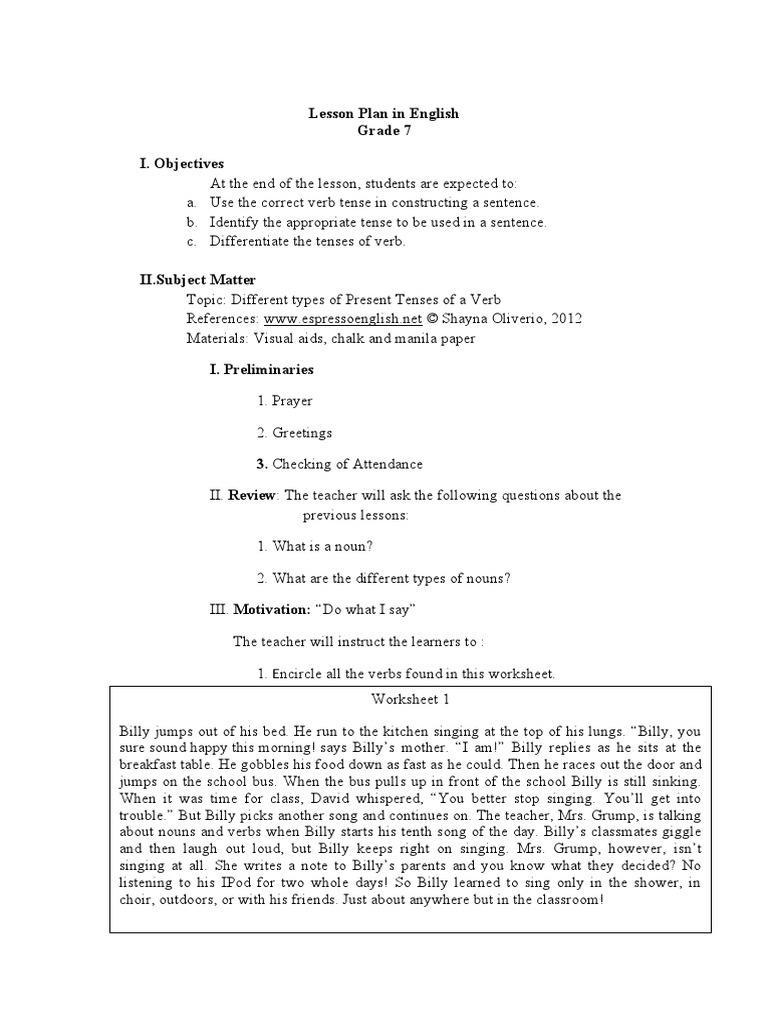 Lesson Plan in English Grade 7 I. Objectives | PDF | Grammatical Tense ...