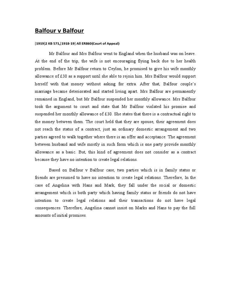 Balfour V Balfour: (1919) 2 KB 571, (1918-19) All ER860 (Court of ...