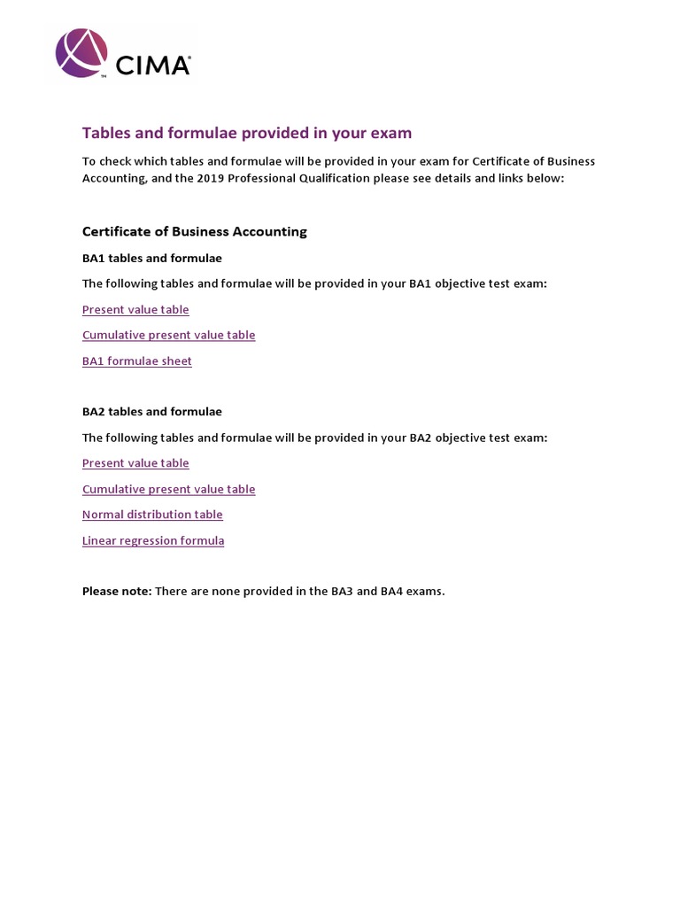 Tables and Formulae Provided in Your Exam: Certificate of Business ...