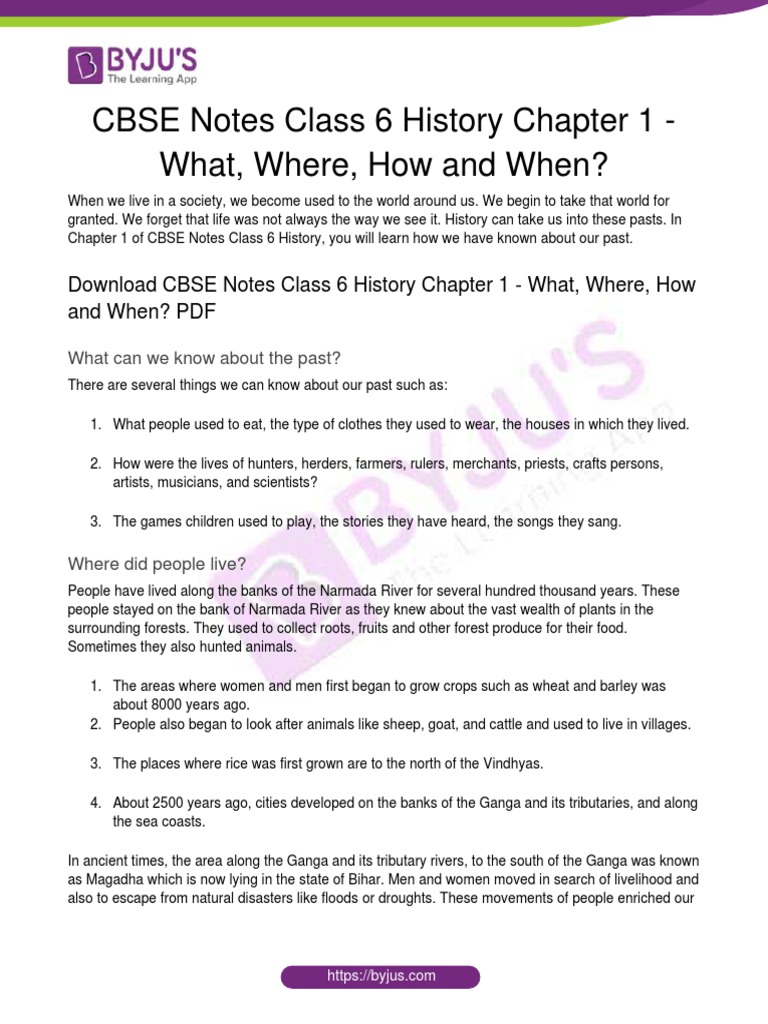 CBSE Notes Class 6 History Chapter 1 - What, Where, How and When? | PDF ...