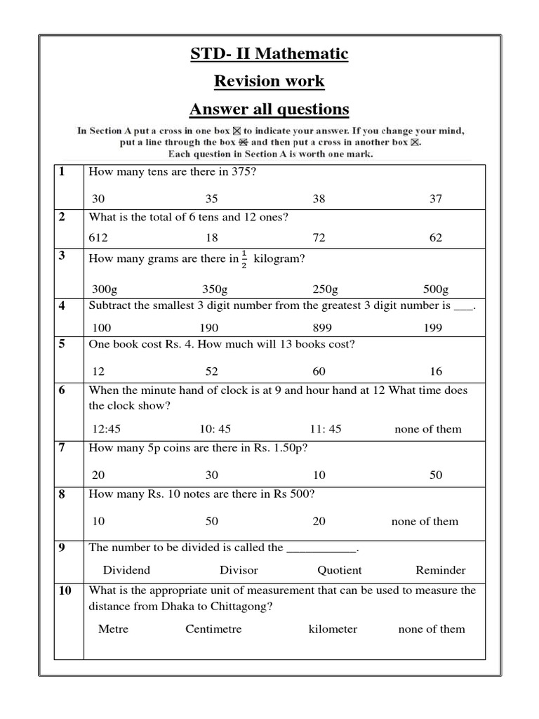 STD-II Mathematic Revision Work Answer All Questions | PDF | Division ...